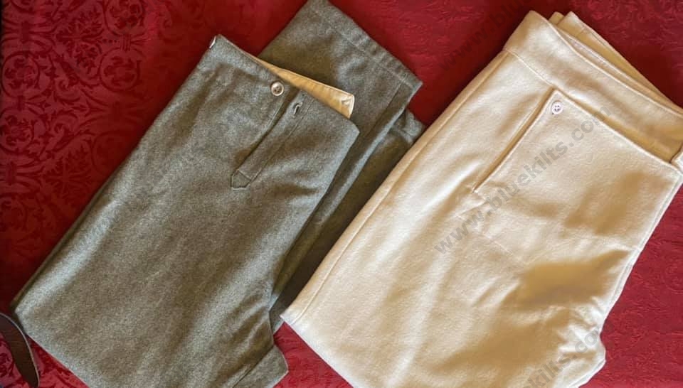 White and grey wool fall front trousers – Blue Kilts